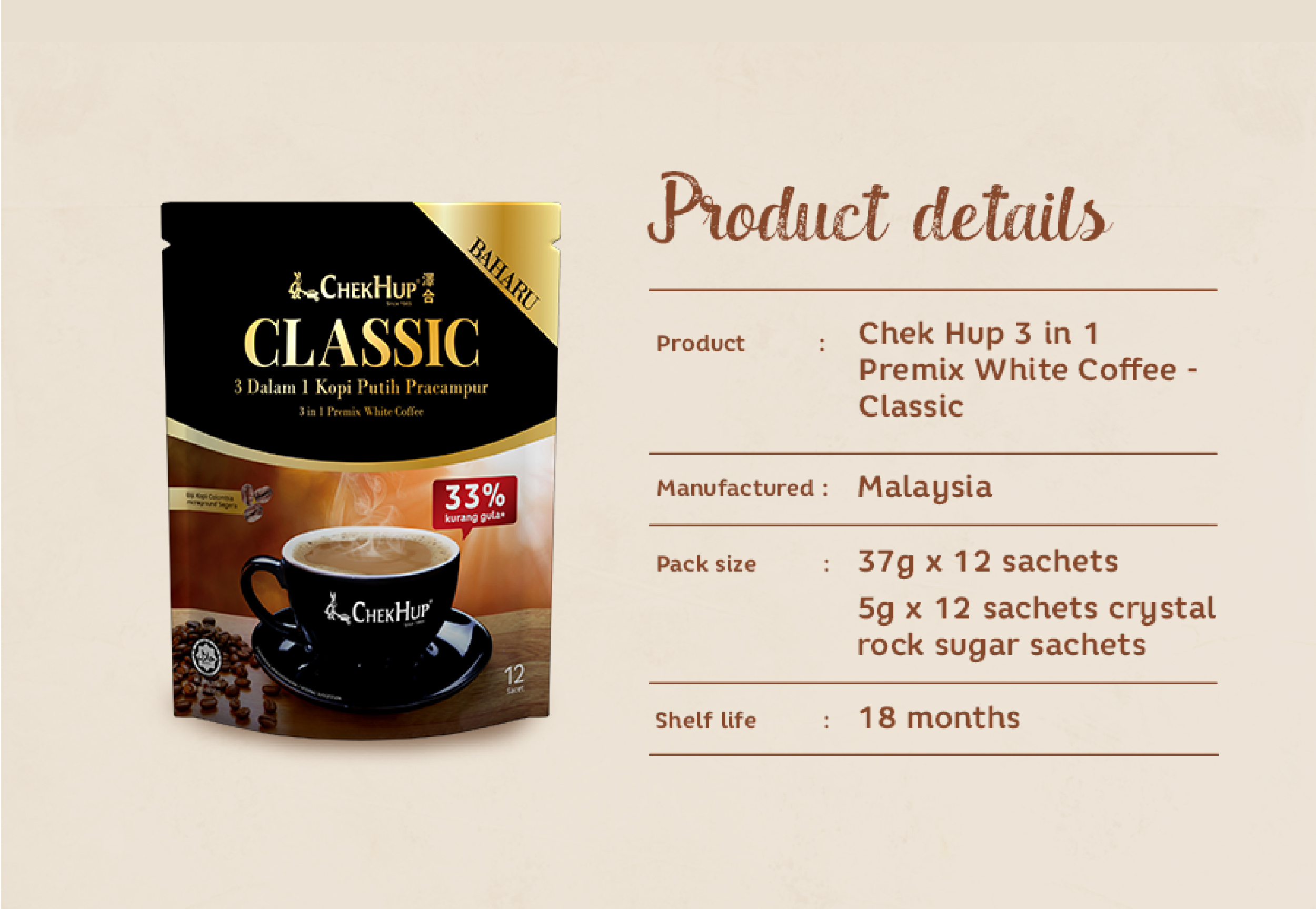 Chek Hup 3 in 1 Classic White Coffee (37g x 12 sachets) | Beverages